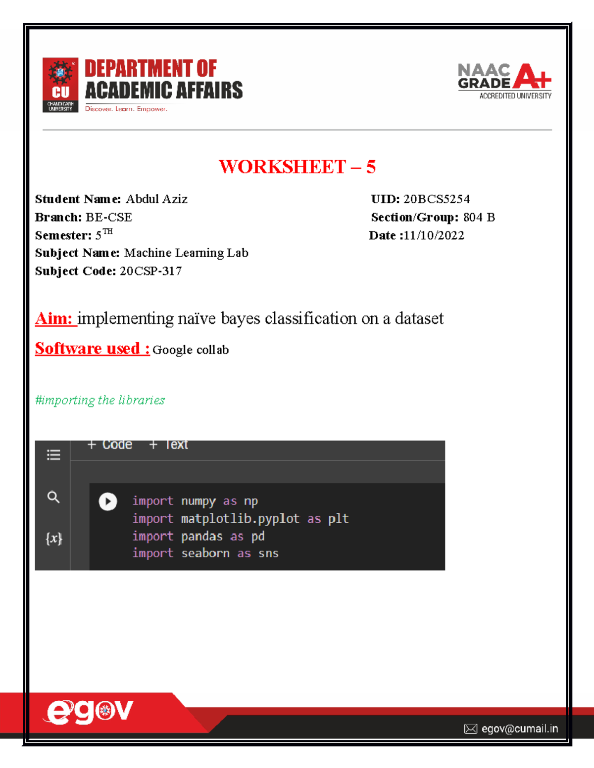 Ml - this is the worksheet of lab practicals - WORKSHEET – 5 Student ...