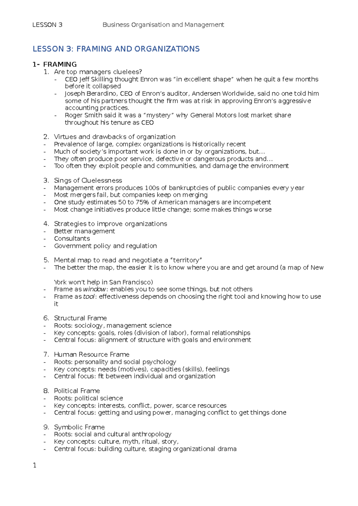 Lesson 3- Framing and organization - LESSON 3 Business Organisation and ...