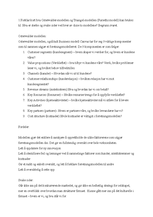 Arbeidskrav innovasjon og ledelse - 1 Forklar kort hva Osterwalder ...