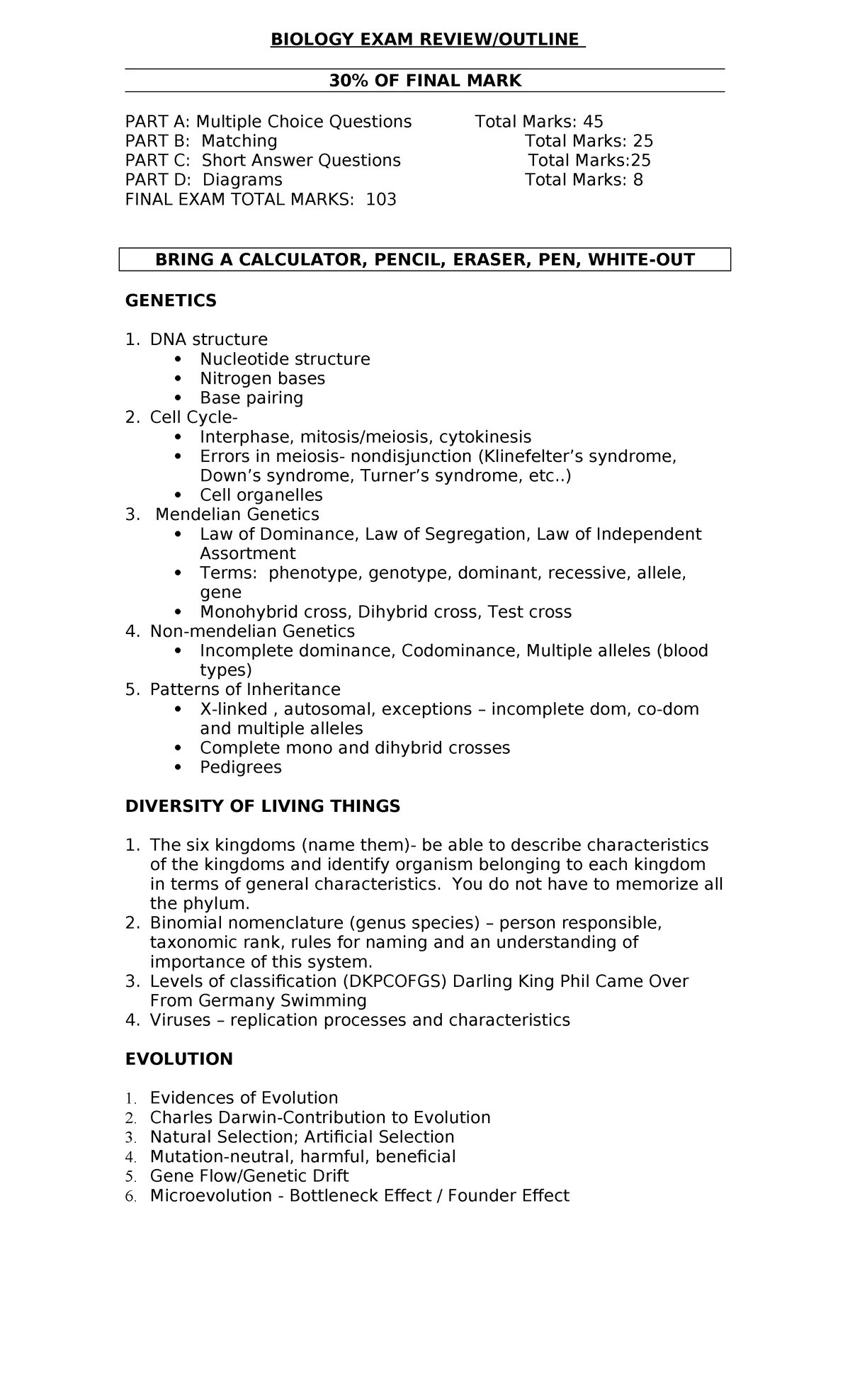 Biology EXAM Review 2024 - BIOLOGY EXAM REVIEW/OUTLINE 30% OF FINAL ...