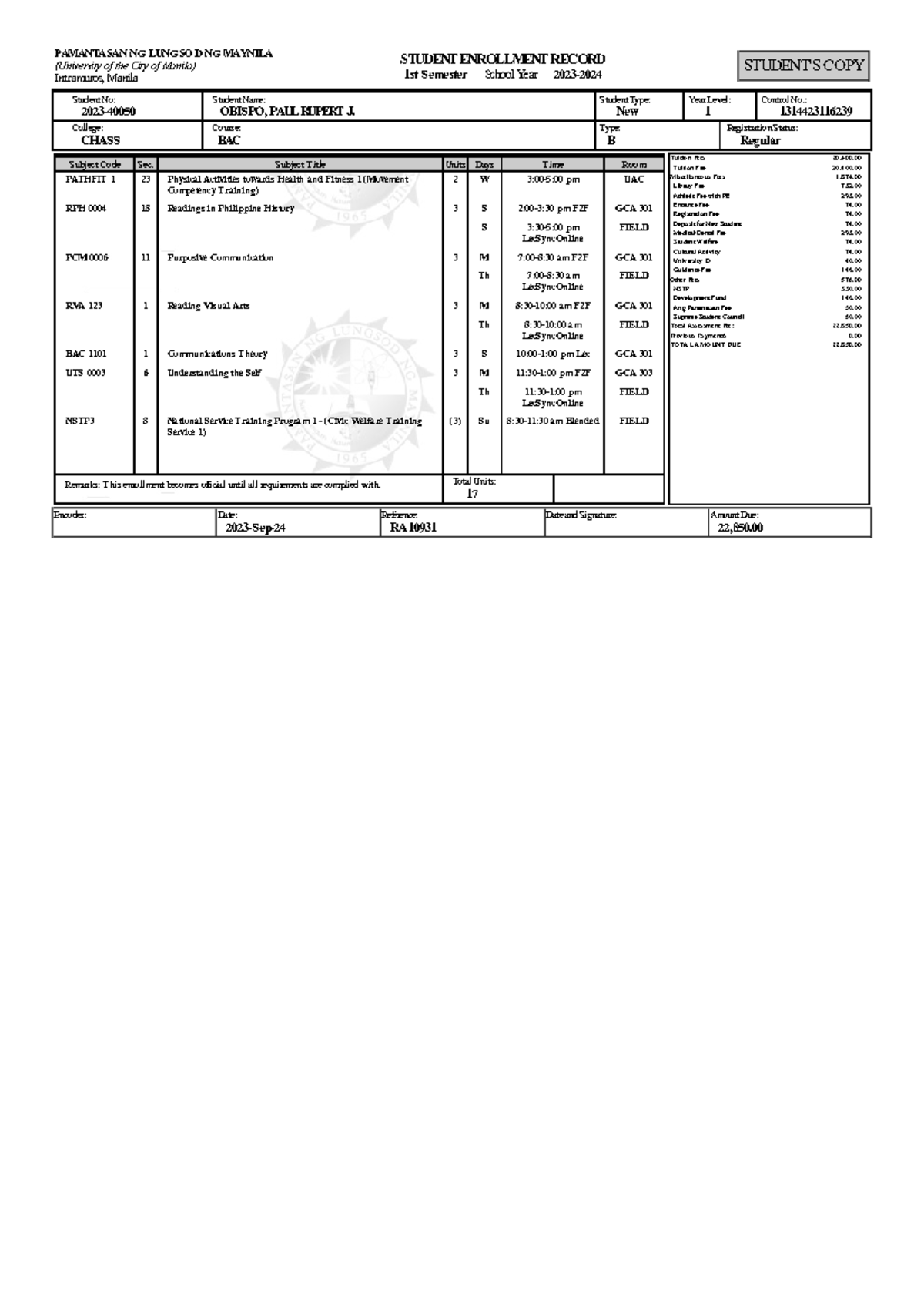 Registration form 202340050 20231 - PAMANTASAN NG LUNGSOD NG MAYNILA ...