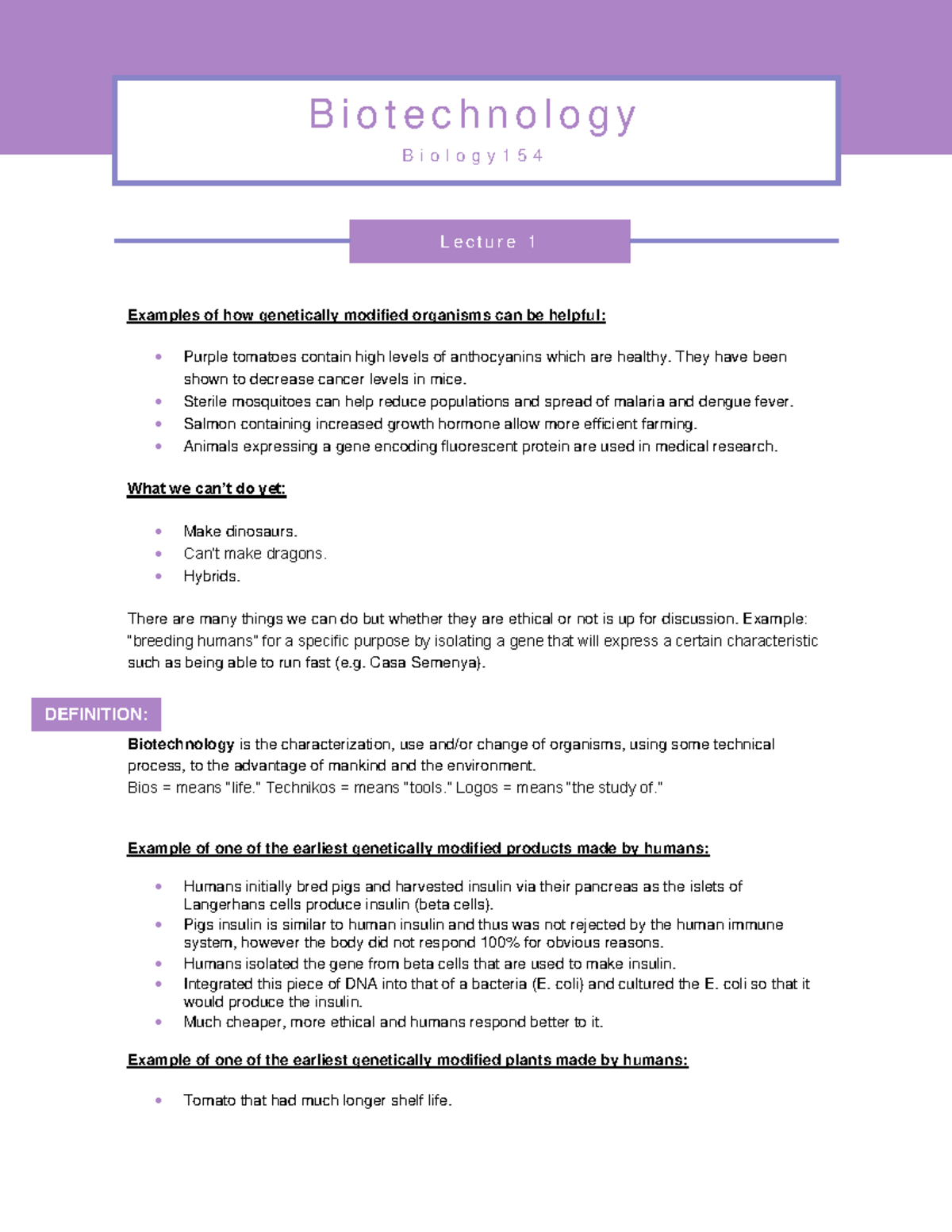 Biotechnology notes lecture 1-6 - B i o t e c h n o l o g y B i o l o g ...