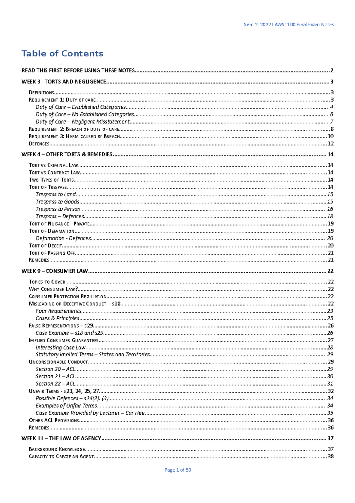 LAWS1100 Final Exam Notes - Table of Contents READ THIS FIRST BEFORE ...