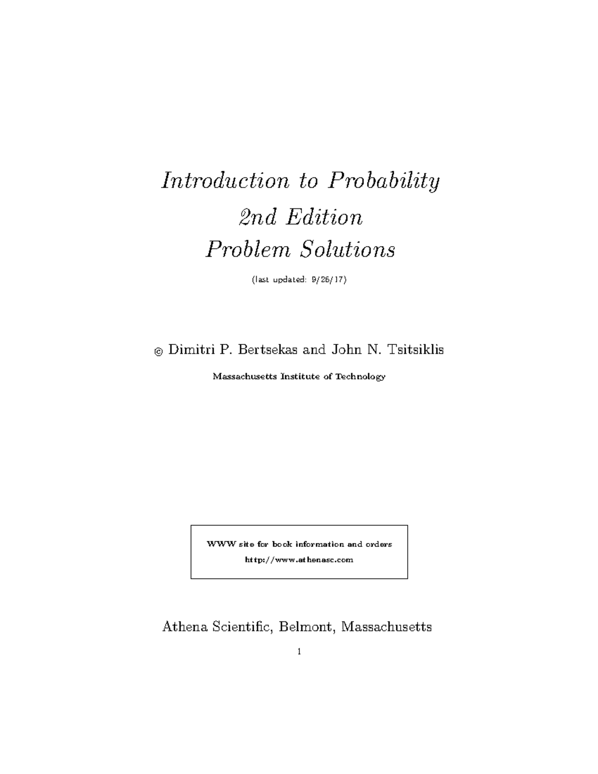 Solutions Manual - Introduction to Probability 2nd Edition Problem ...