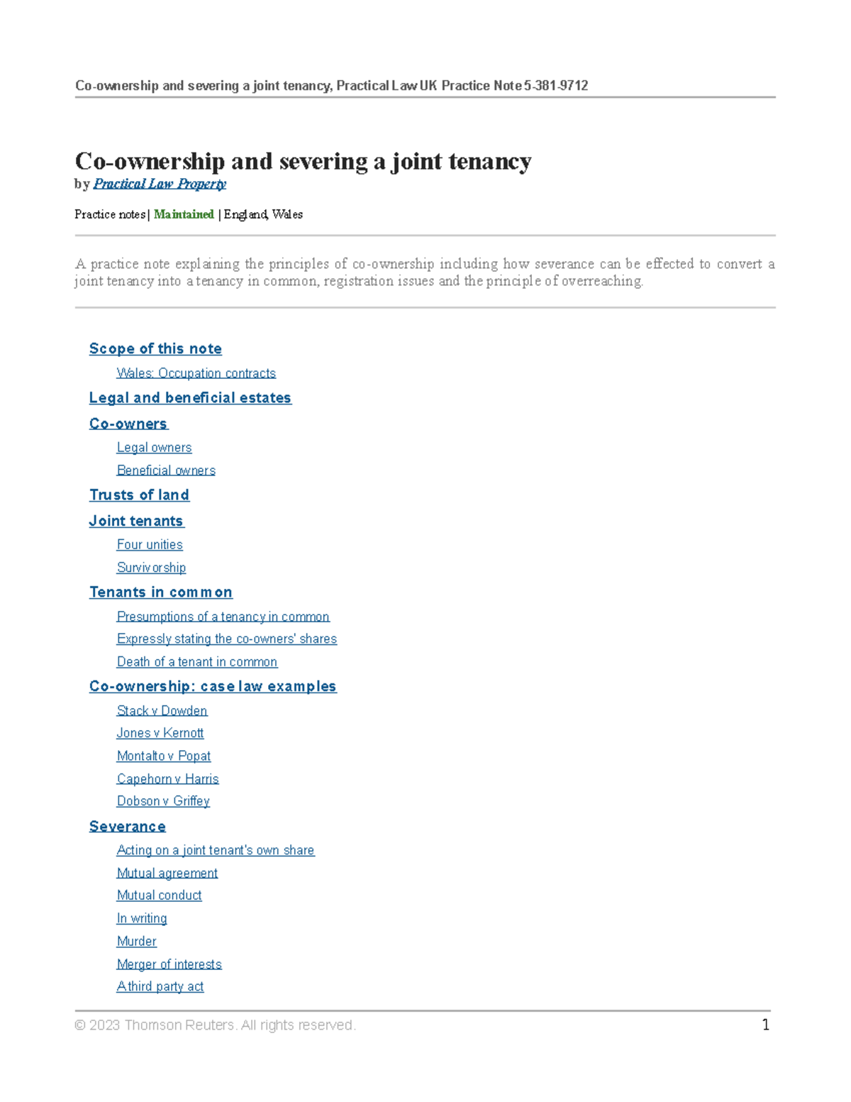 Co-ownership and severing a joint tenancy - Scope of this note Wales ...