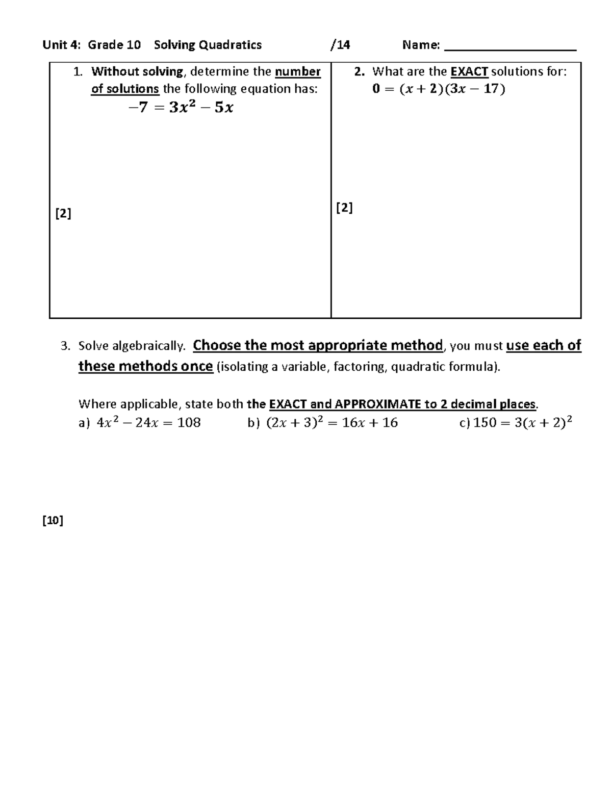 Unit 4 Solving Quads QD4 - Unit 4: Grade 10 Solving Quadratics /1 4 ...
