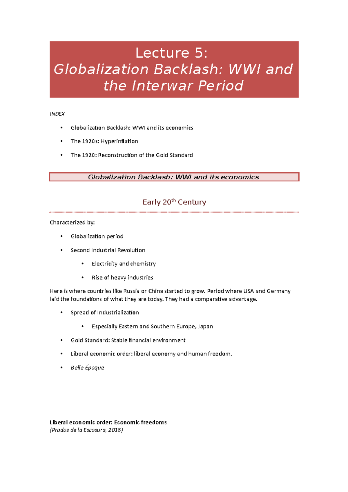 Lecture 5 - Lecture 5: Globalization Backlash: WWI and the Interwar ...