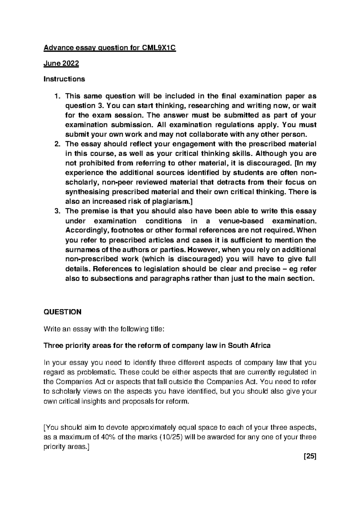 Advance essay question for CML9X1C - Advance essay question for CML9X1C ...