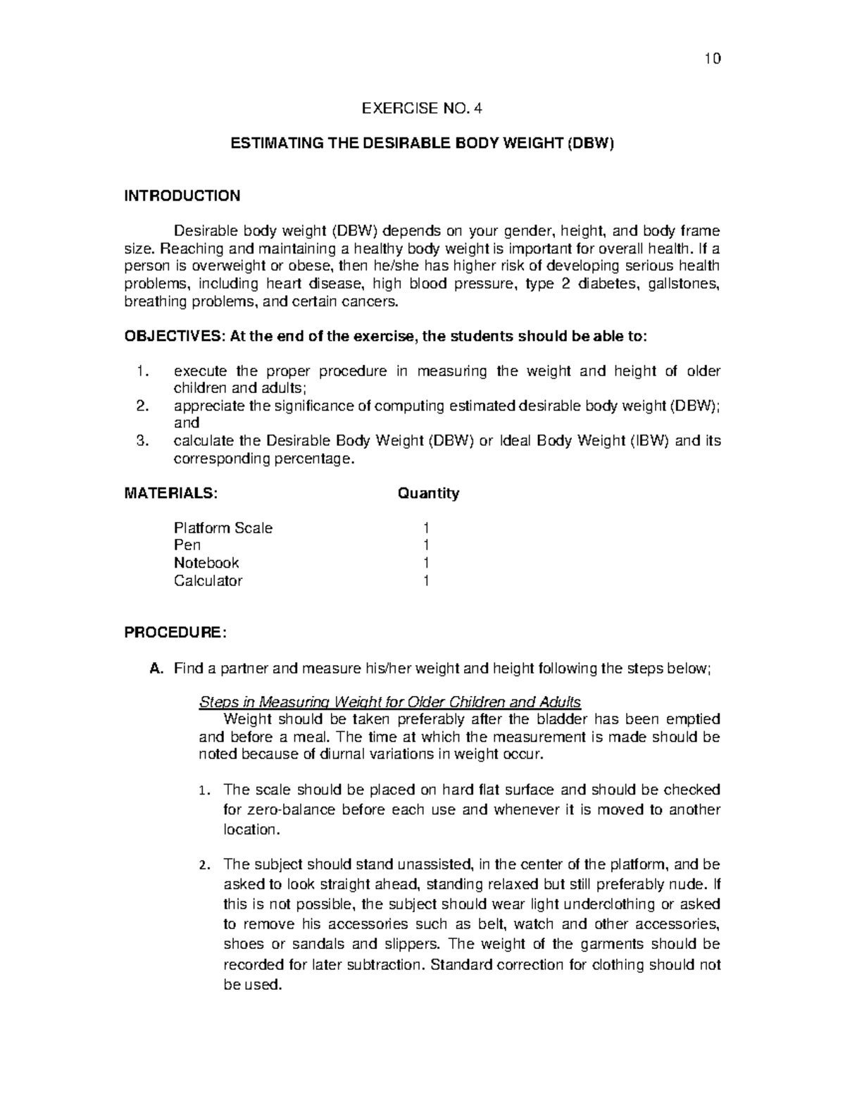 Lab-Ex 4 Estimating the DBW - EXERCISE NO. 4 ESTIMATING THE DESIRABLE ...