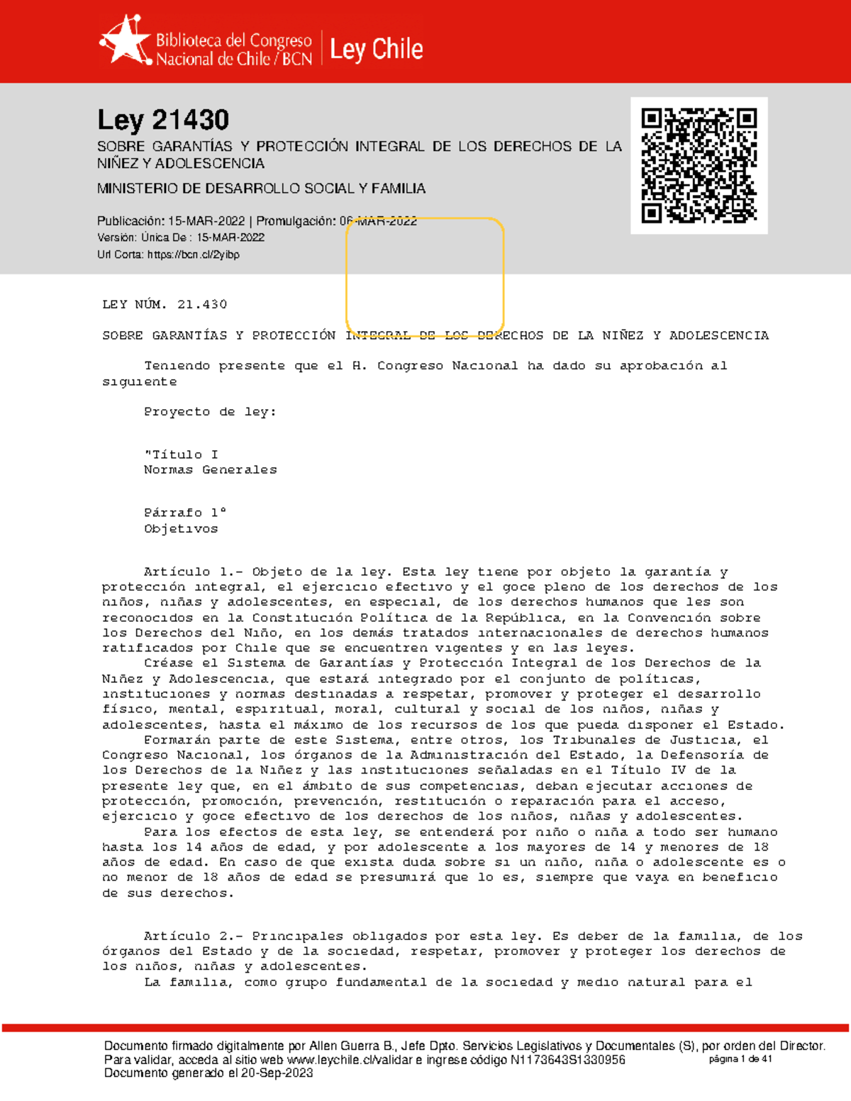 Ley-21430 15-MAR-2022 - Documento firmado digitalmente por Allen Guerra ...