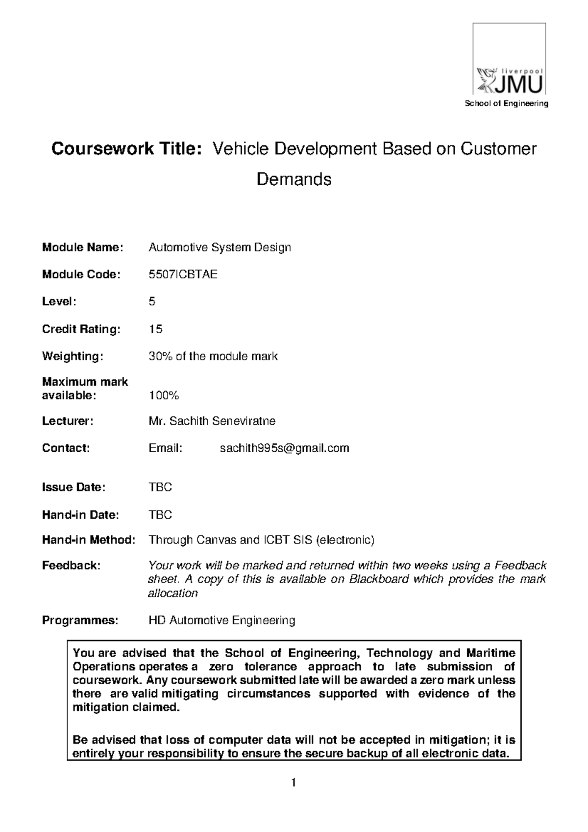 ASD CW 24 - past paper - Coursework Title: Vehicle Development Based on Customer Demands Module ...