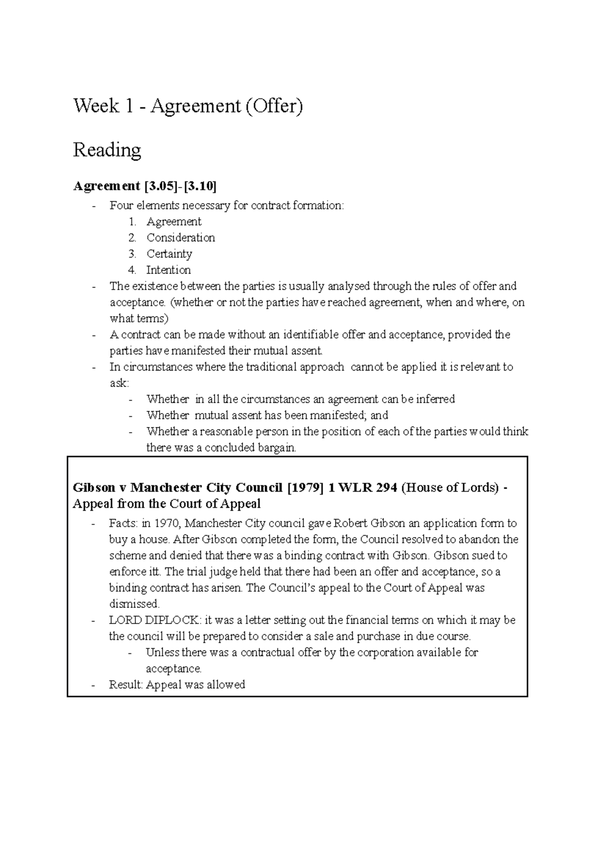Contracts Lecture Notes From Week 1 3 Week 1 Agreement Offer Reading Agreement [3] [3