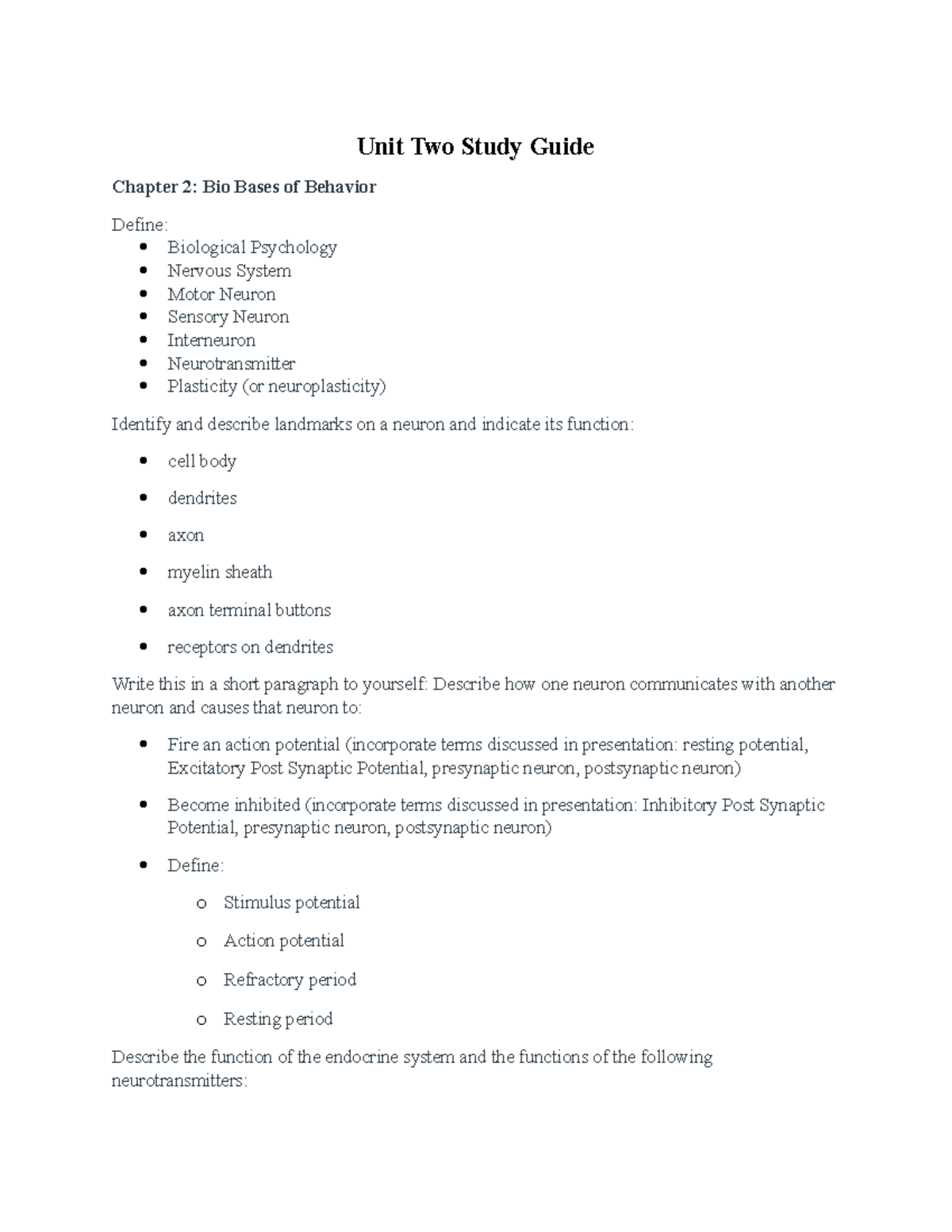 Unit 2 Study Guide Fall 2023 Final - PSYC 181 - Nebraska - Studocu