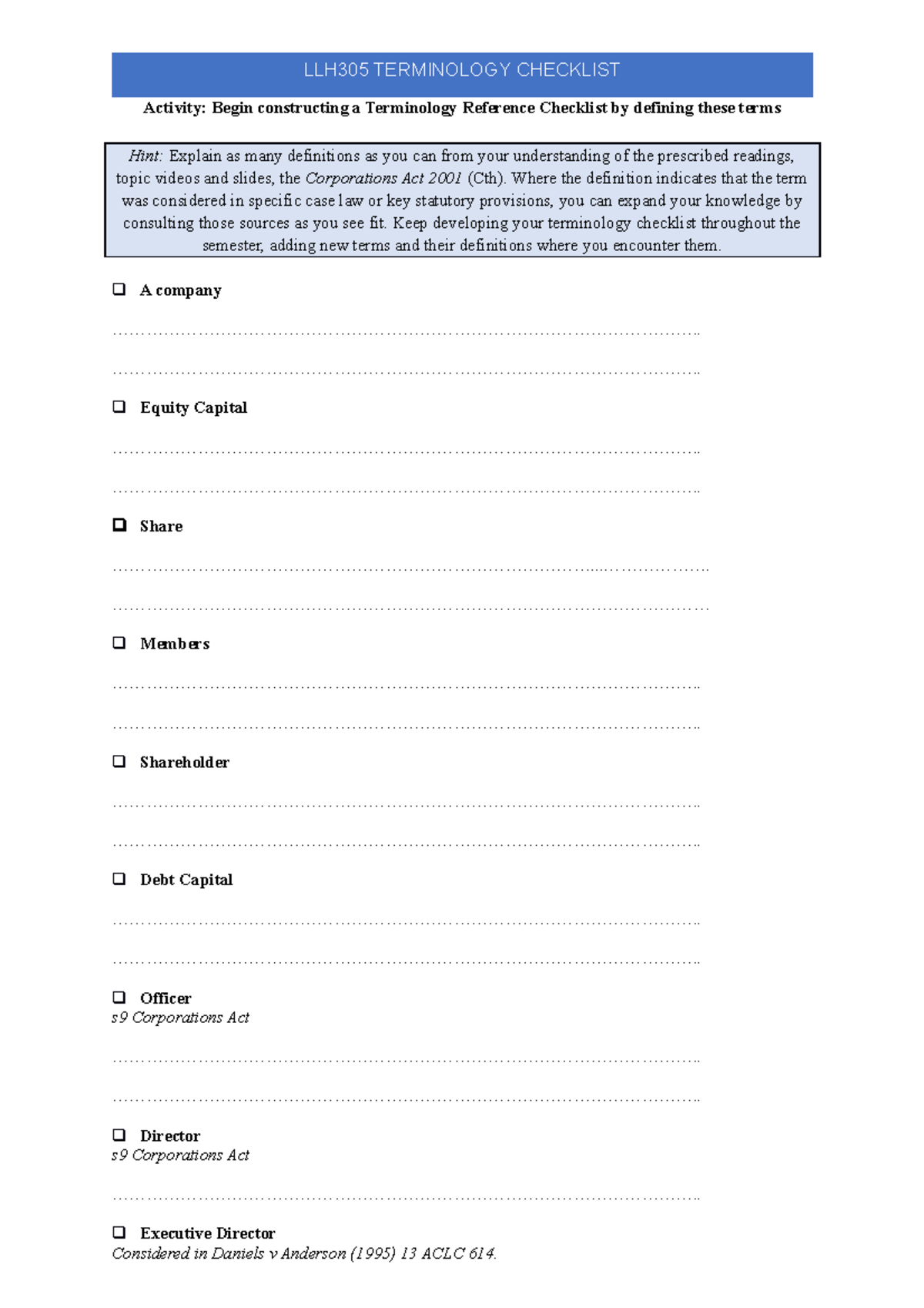 (1) LLH305 Terminology Checklist - Activity: Begin constructing a ...