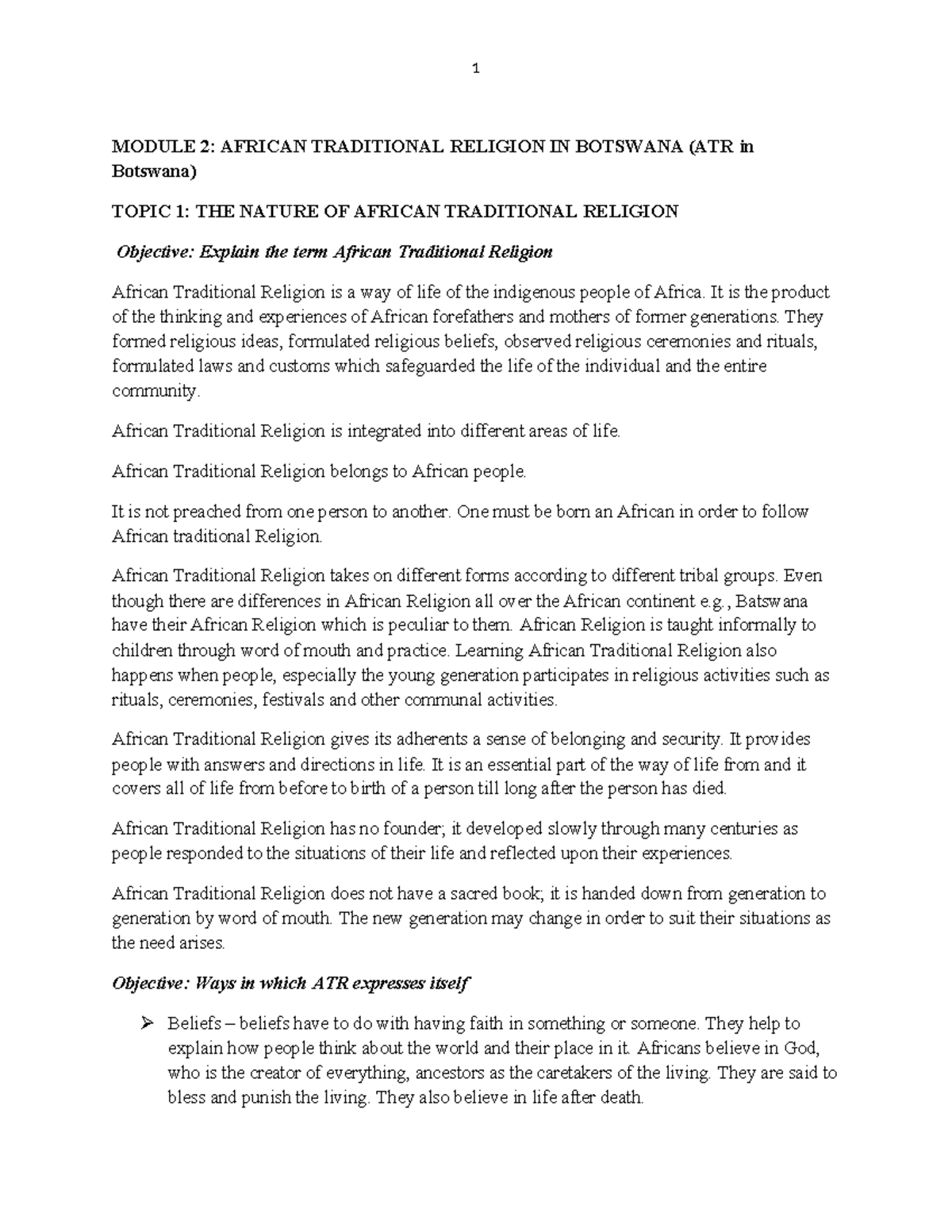 Corrected Module 2 - MODULE 2: AFRICAN TRADITIONAL RELIGION IN BOTSWANA ...