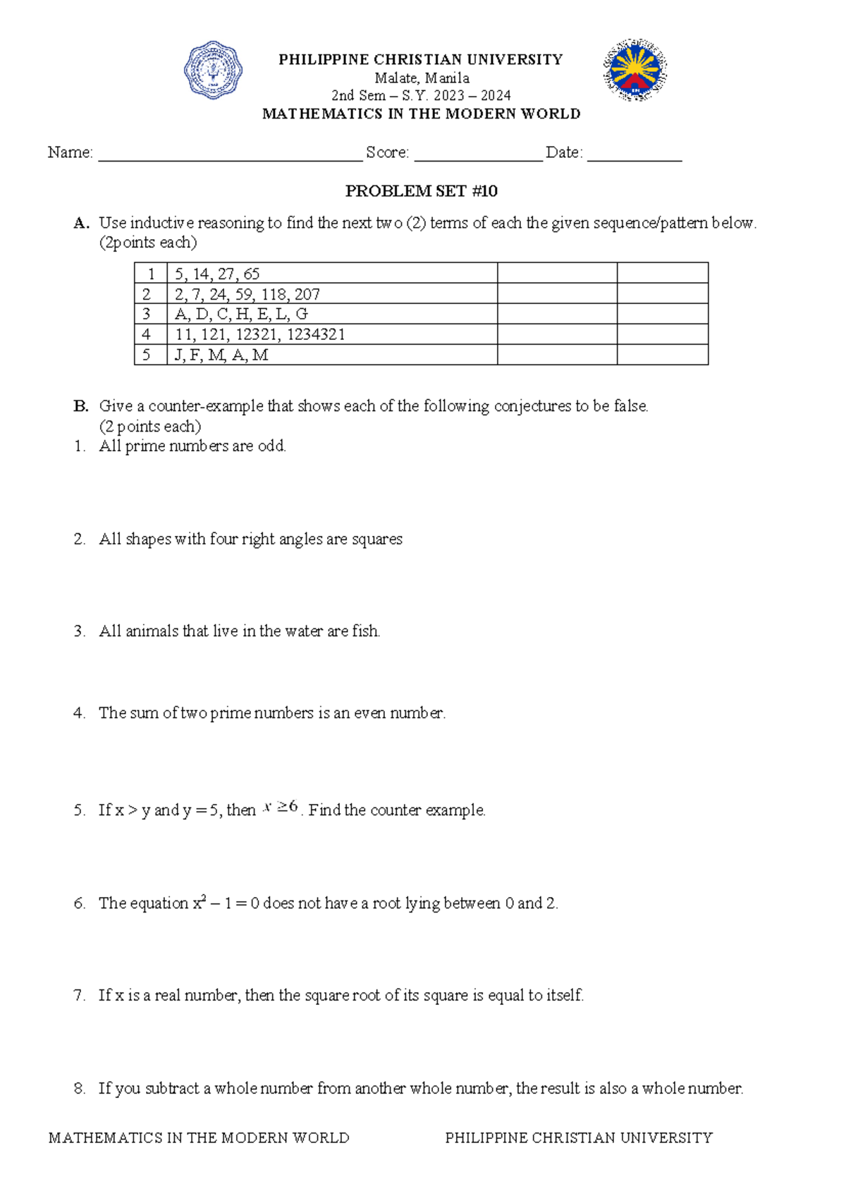 Problem-SET-10 Lesson-3 - PHILIPPINE CHRISTIAN UNIVERSITY Malate ...