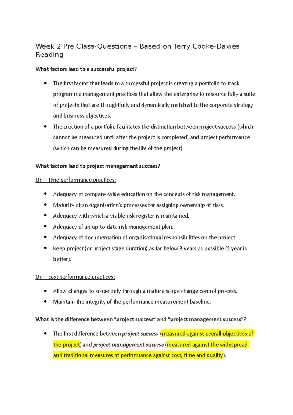 Week 2 Pre Class Exercises - Week 2 Pre Class-Questions – Based on Terry Cooke-Davies Reading ...