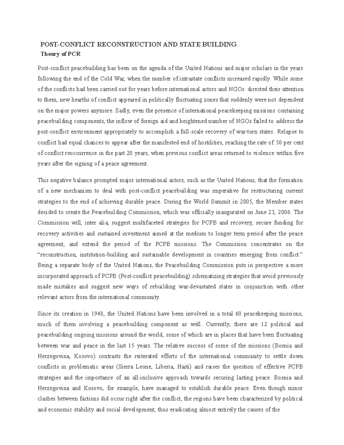 POST- Conflict Reconstruction and State Building Theory of PCR - POST ...