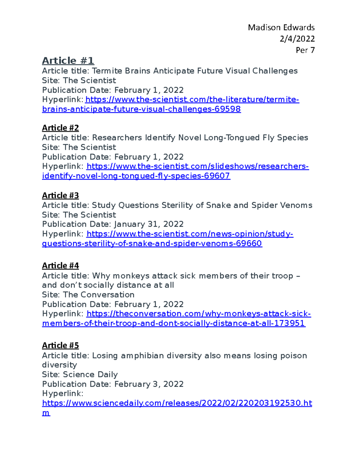 Recently-published zoology news articles - Madison Edwards 2/4/ Per 7 ...