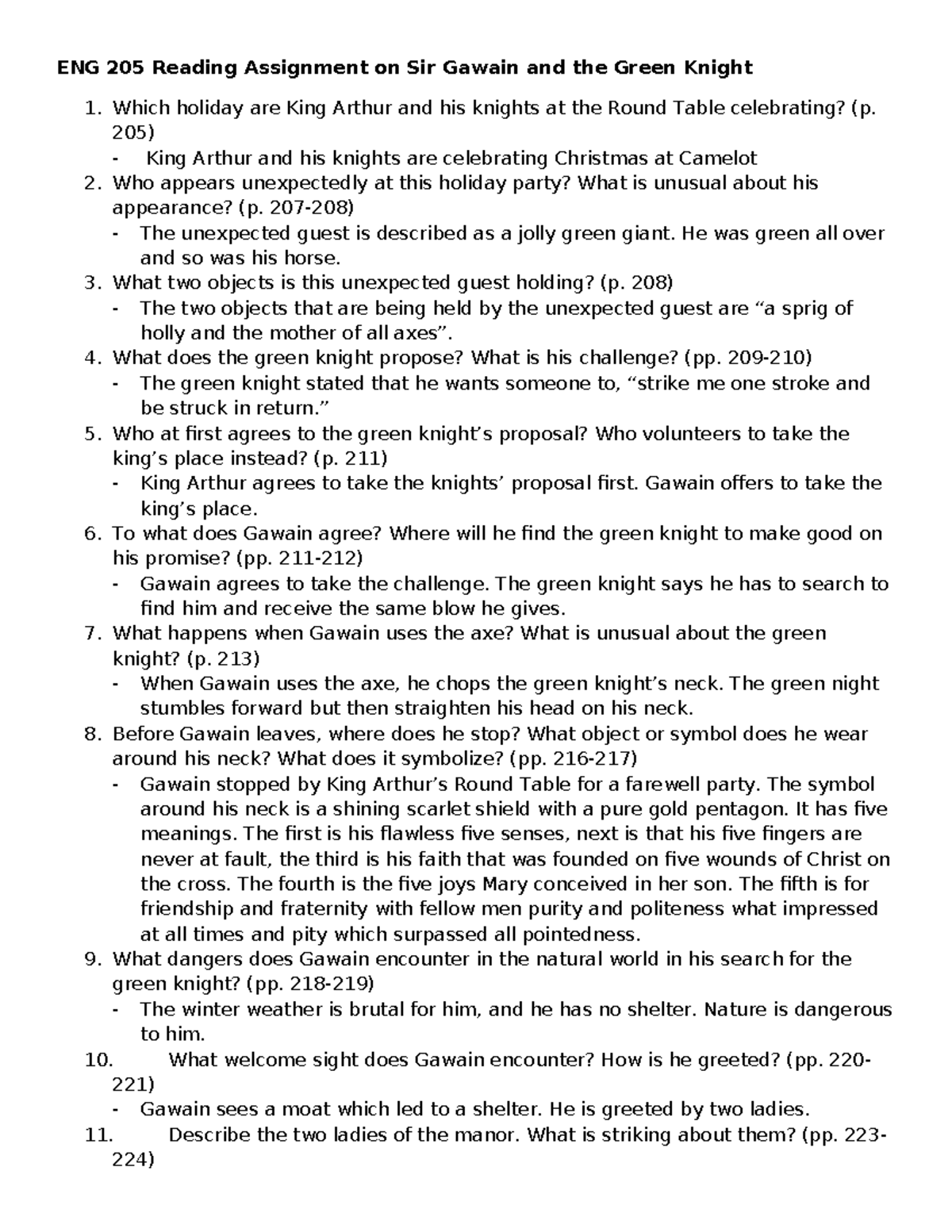 Gawain and the Green Knight Reading Assignment - ENG 205 Reading ...