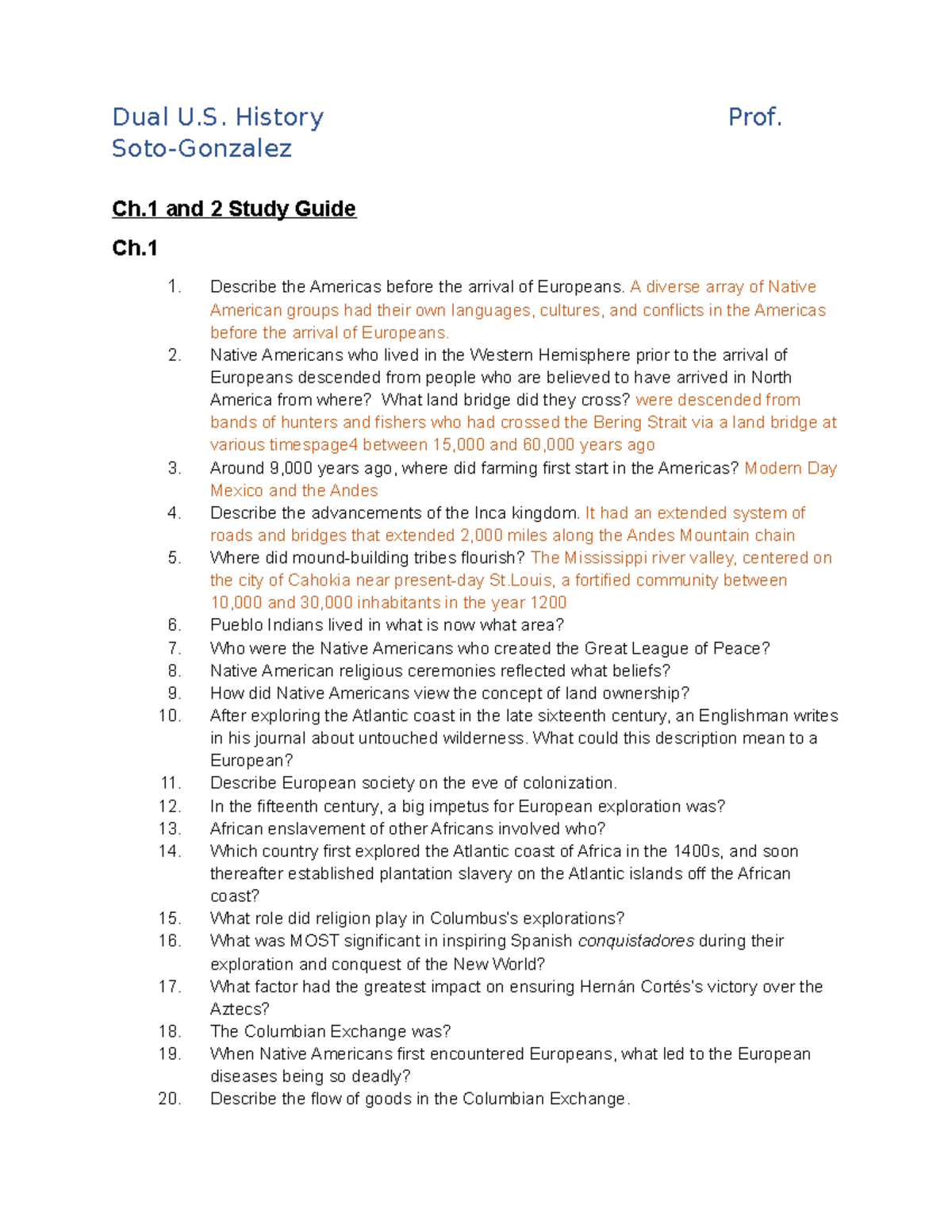 Ch.1 and 2 study guide - Dual U. HistoryProf. Soto-Gonzalez Ch and 2 ...