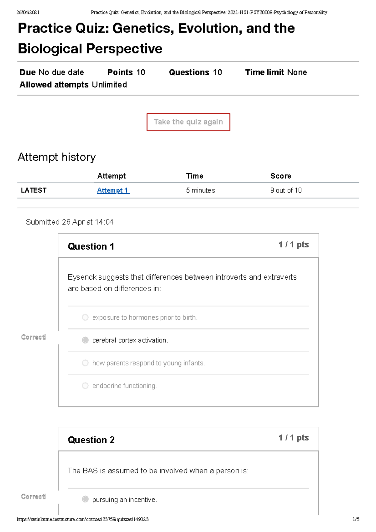 Practice Quiz 3 - Practice Quiz: Genetics, Evolution, and the ...
