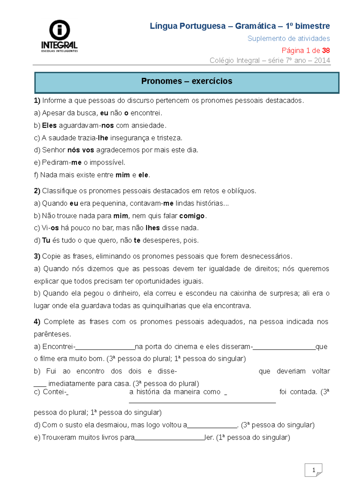 2014 7ano 1bim gramatica - Suplemento de atividades Página 1 de 38 ...
