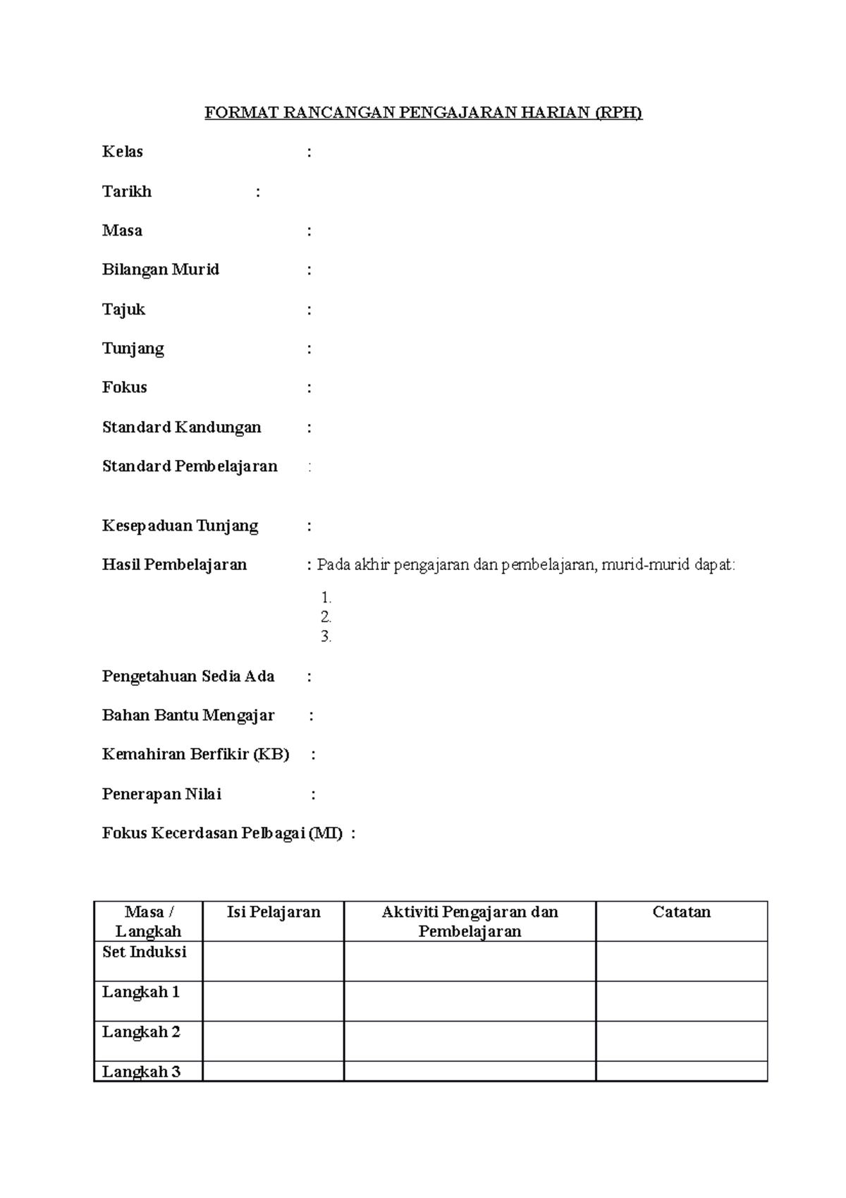 Format RPH & RPA - Formaf RPH DAN RPA - FORMAT RANCANGAN PENGAJARAN ...