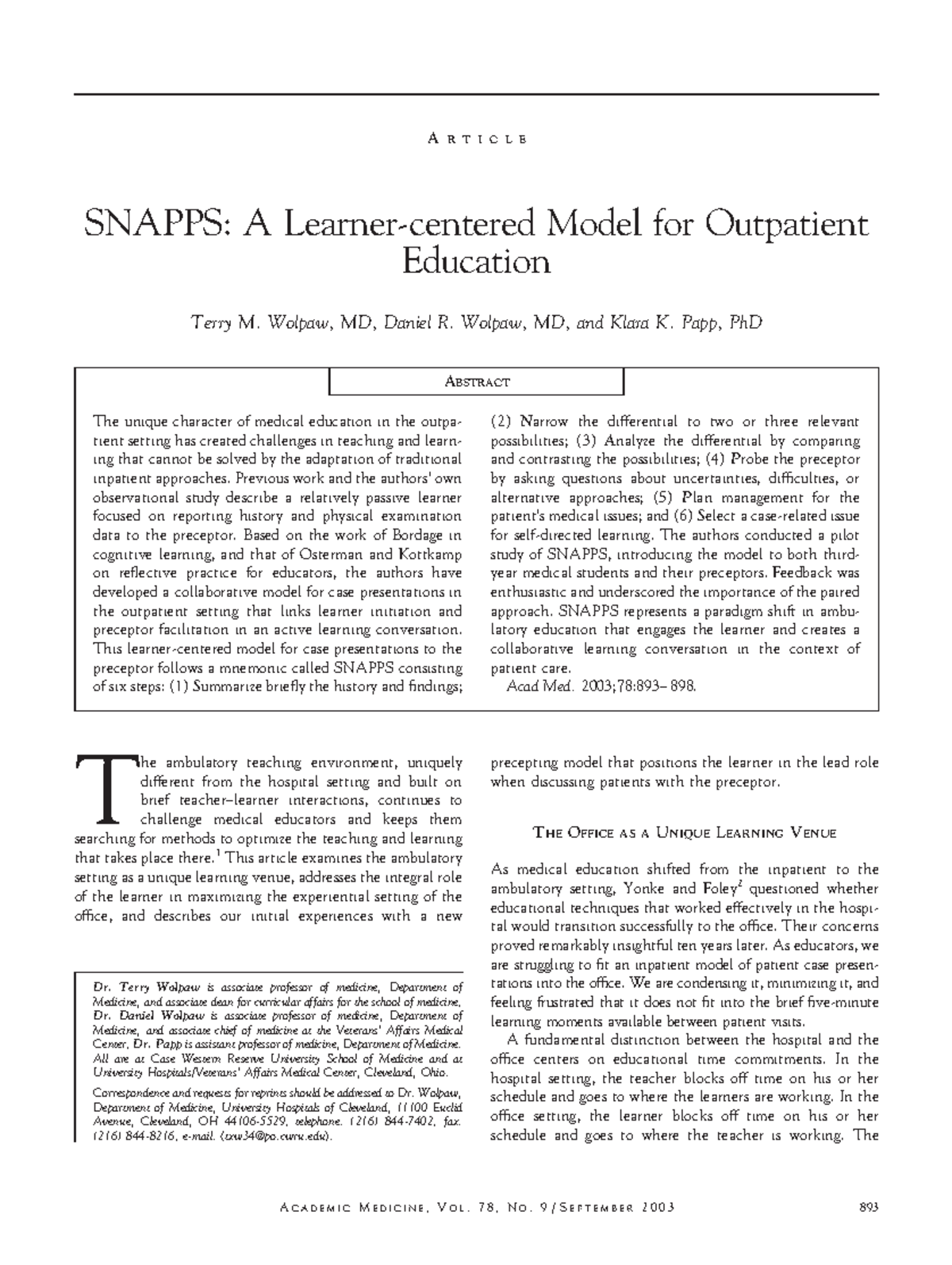 Snapps A Learner centered Model for Outpatient 10-1 - A R T I C L E ...