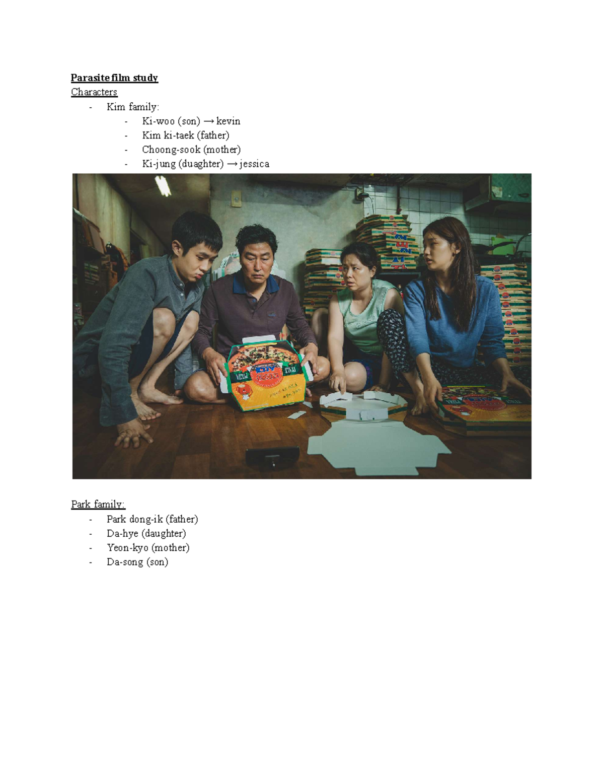English Studies - S2 - Film study - Parasite film study Characters ...