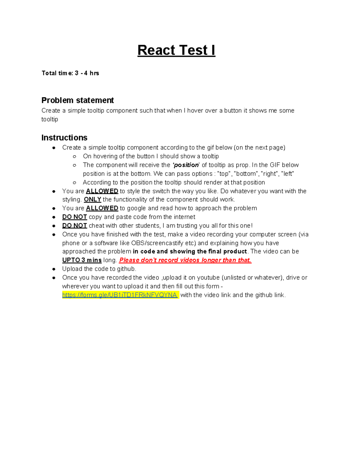 18. React test 1 - React Test I Total time: 3 - 4 hrs Problem statement ...