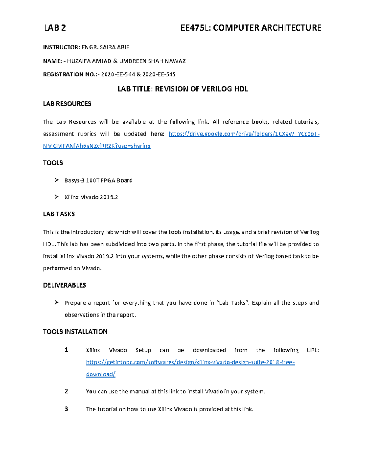 LAB 1 - Electrical Engineering - INSTRUCTOR: ENGR. SAIRA ARIF NAME ...