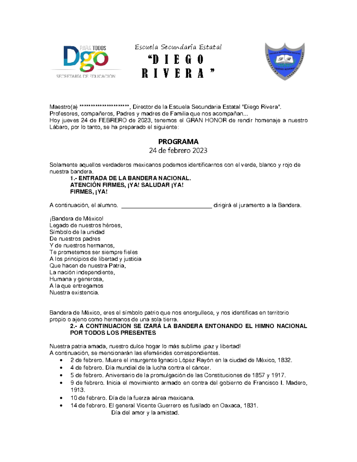 Programa 24 DE Febrero - Escuela Secundaria Estatal “D I E G O R I V E R A ” Maestro(a) - Studocu