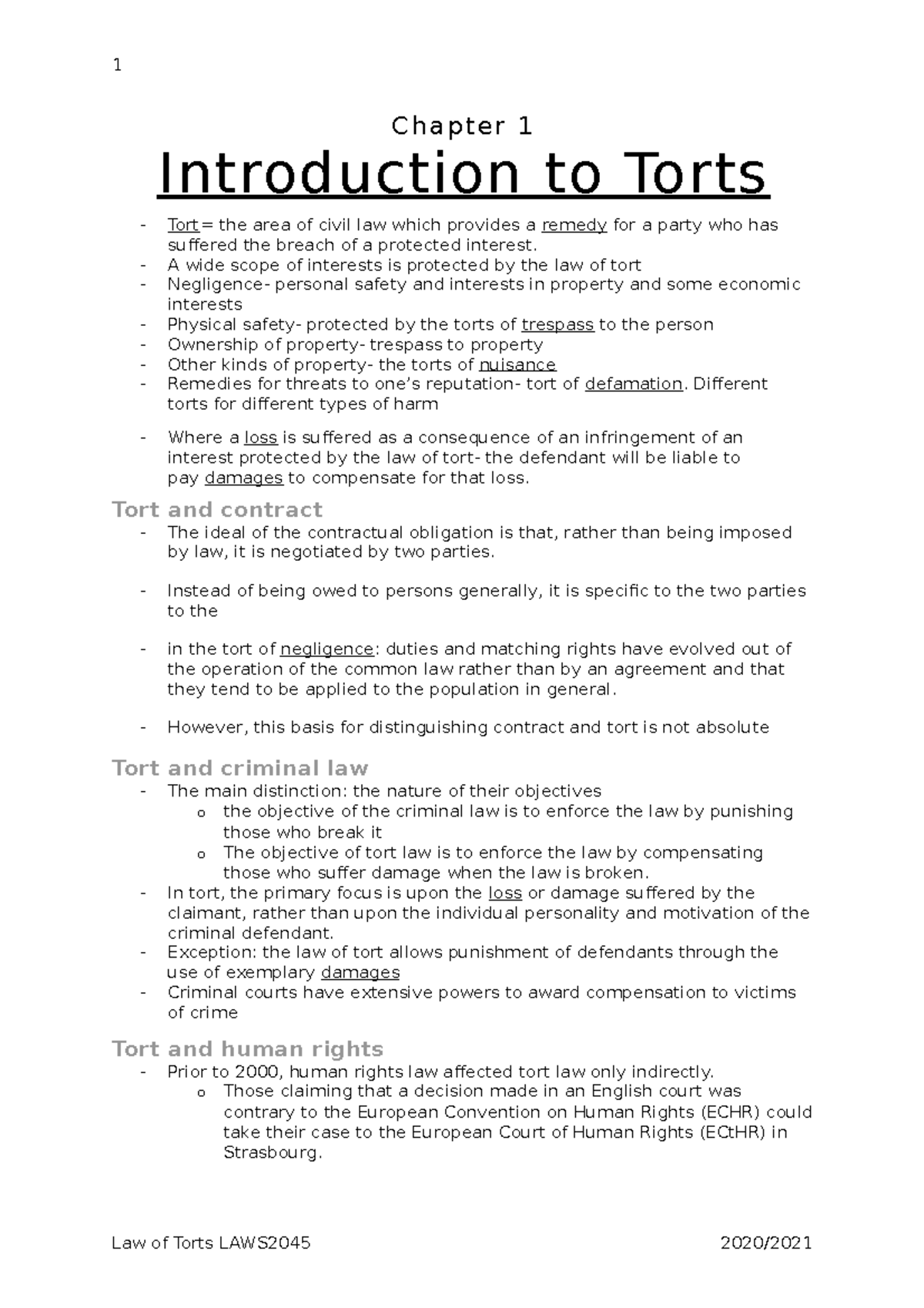 Textbook Notes for law of torts - Chapter 1 Introduction to Torts Tort ...