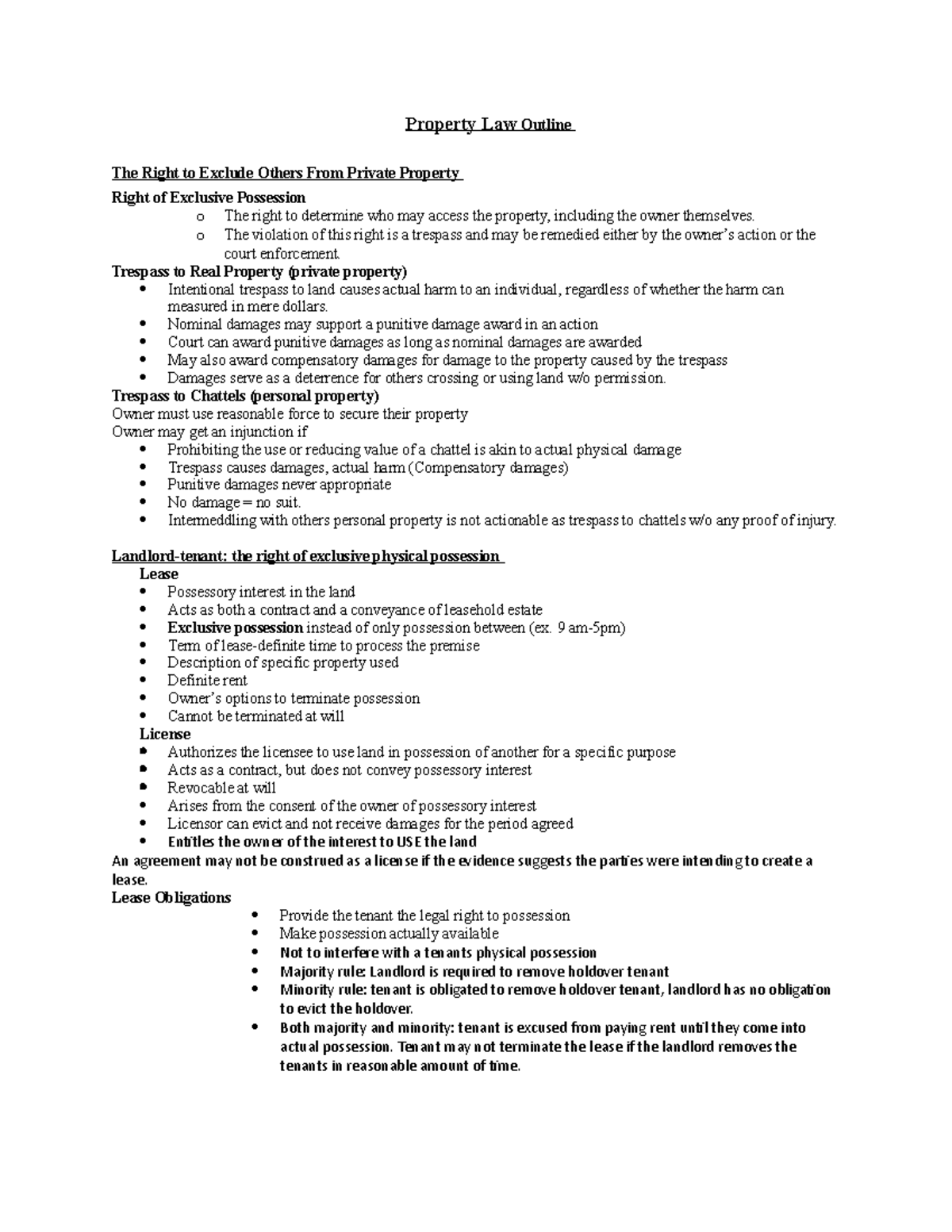 Property outline - Property Law Outline The Right to Exclude Others ...