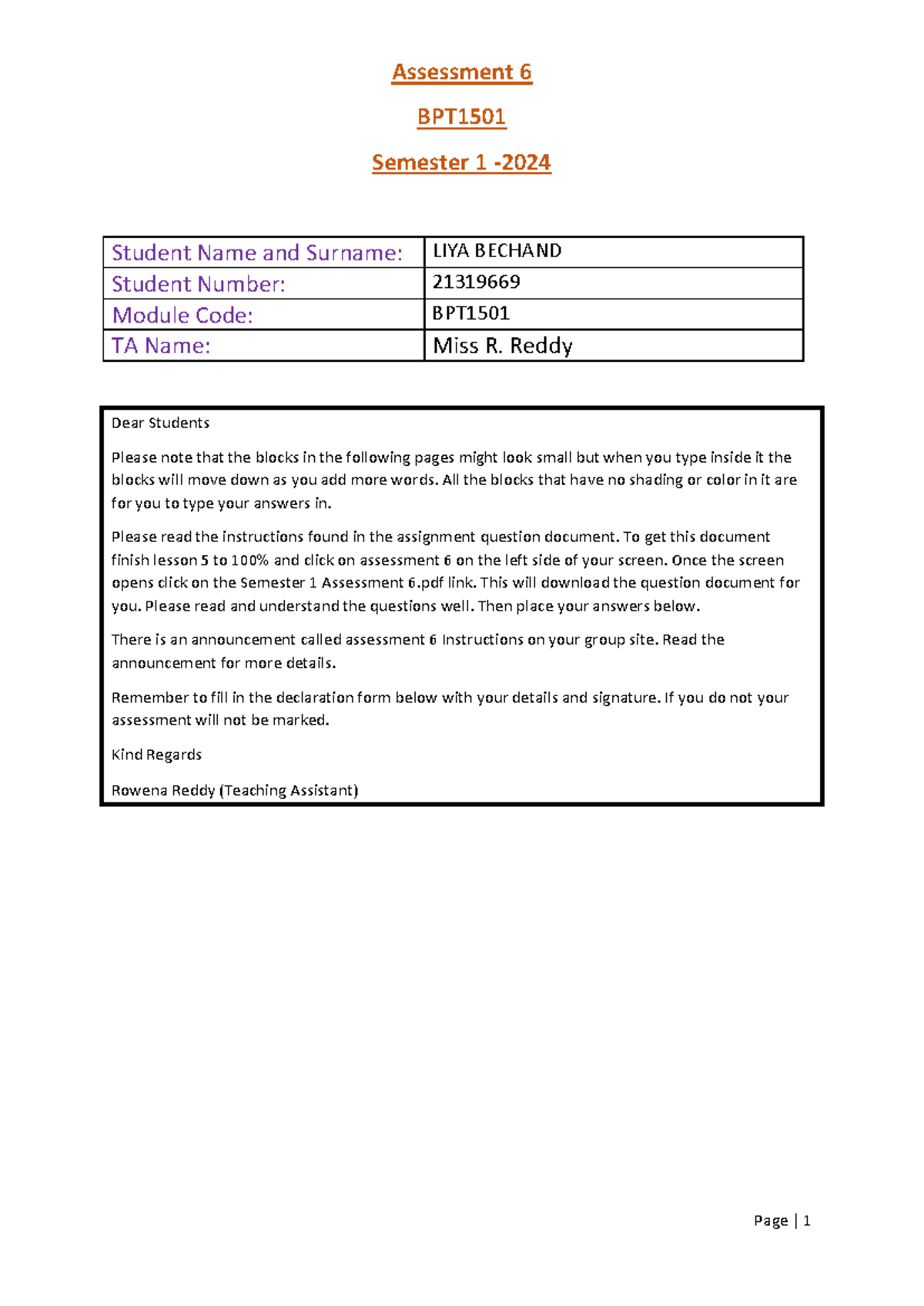 Assessment 6 Template - assignment 6 - Assessment 6 BPT Semester 1 - 2024 Student Name and ...