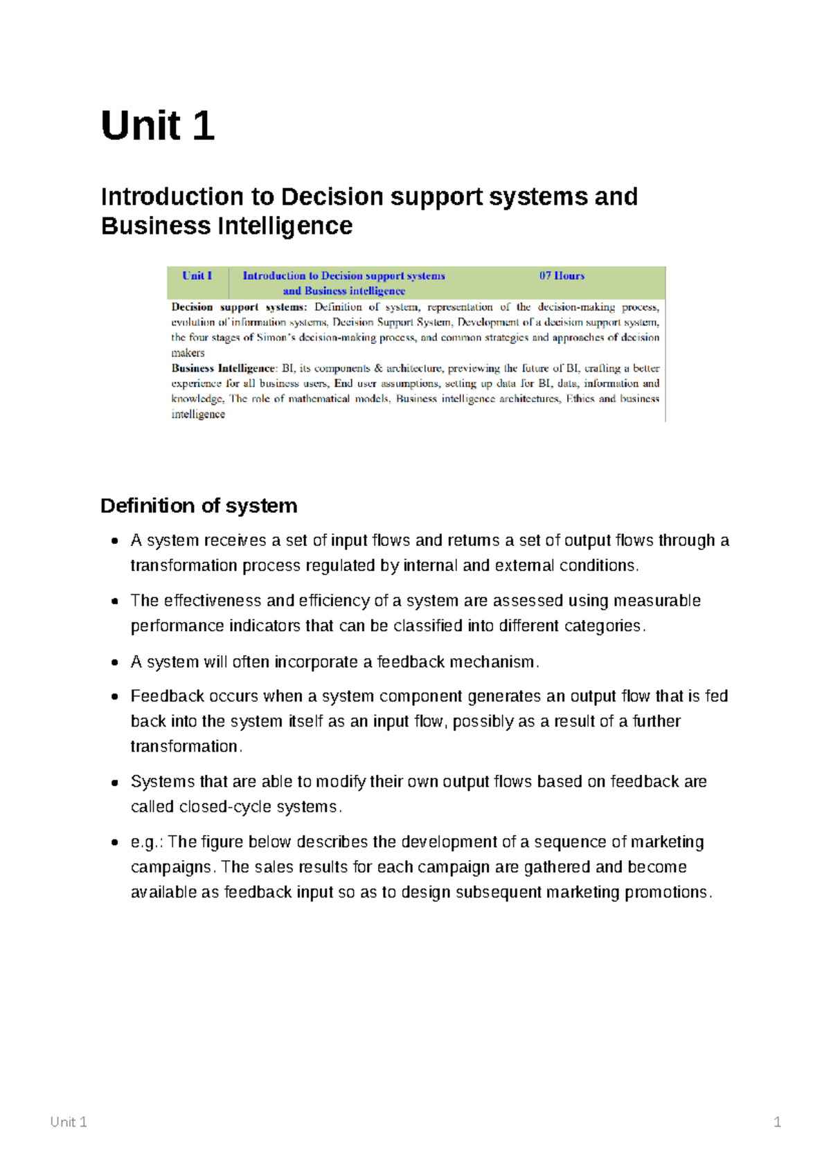 BI Unit 1 notes - Unit 1 Introduction to Decision support systems and ...