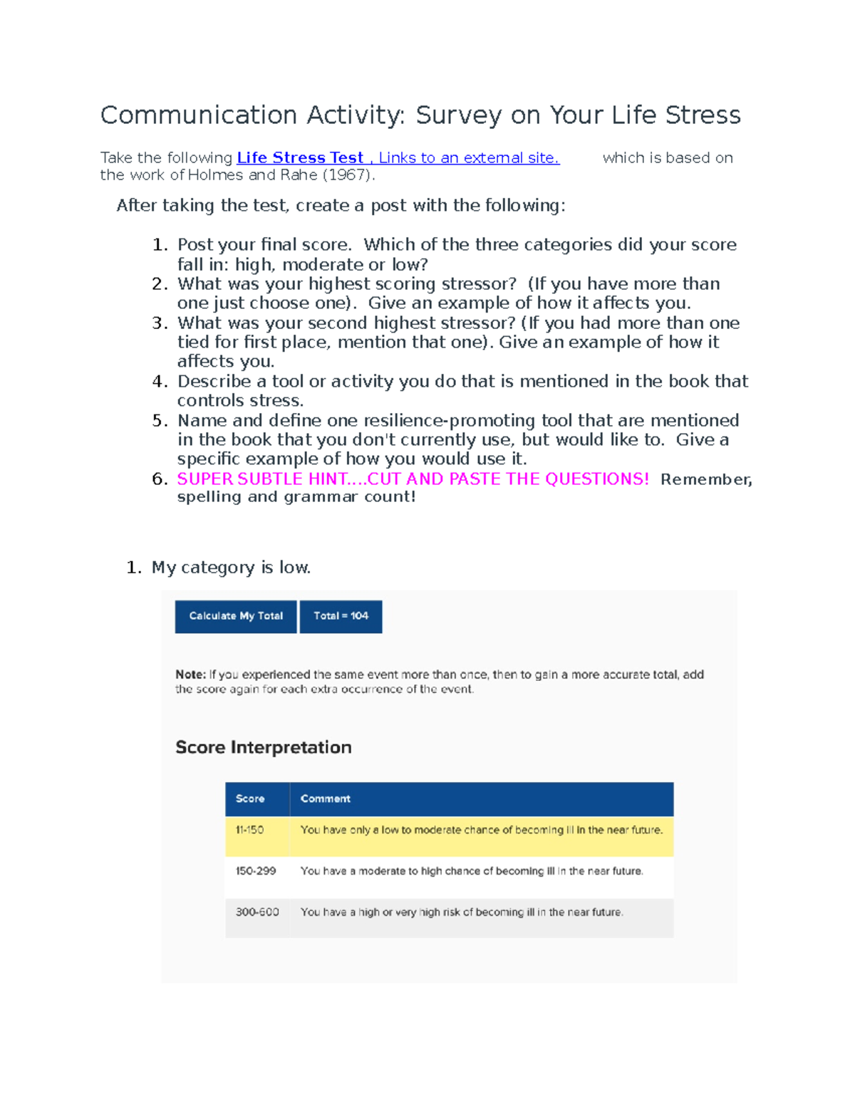 Communication Activity Survey on Your Life Stress - which is based on ...
