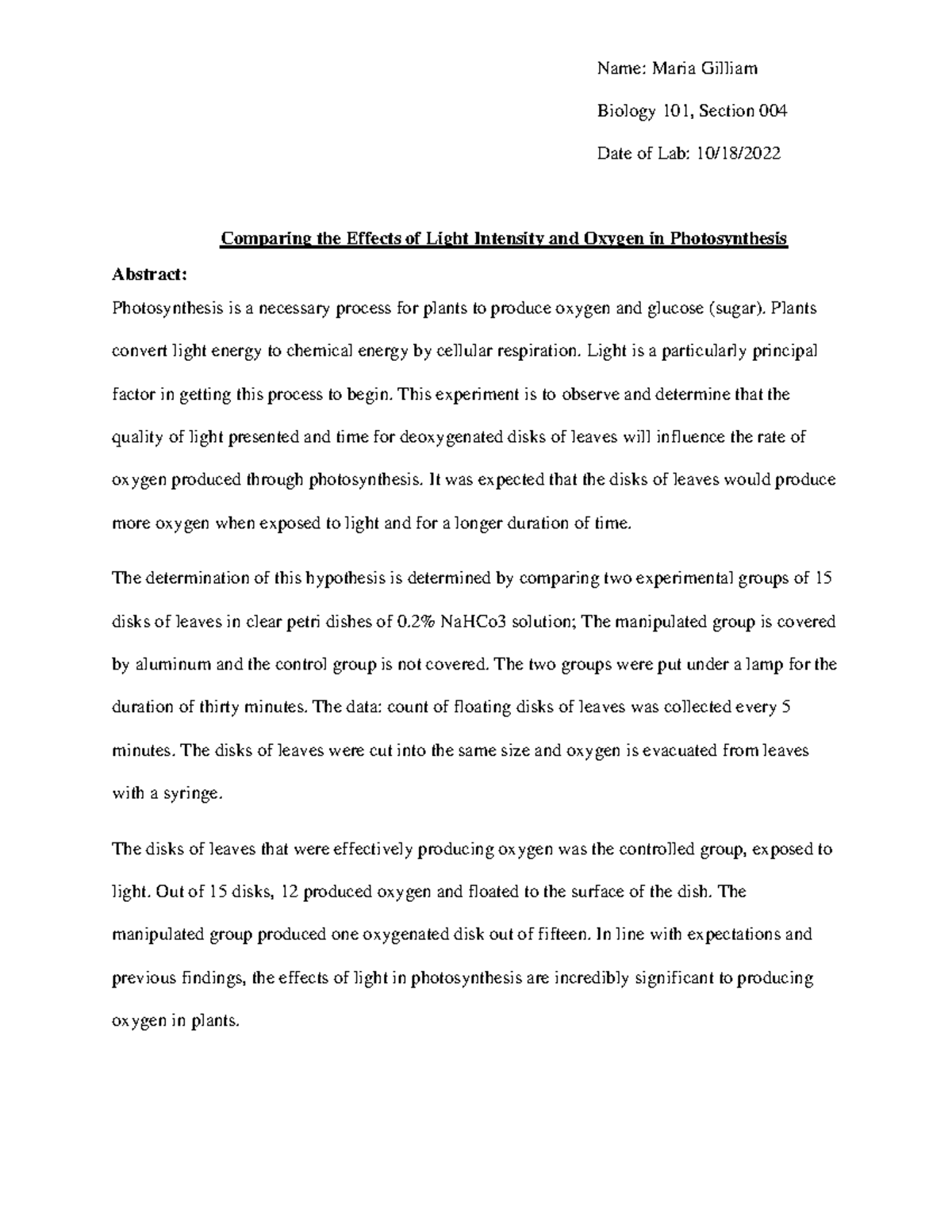 Photosynthesis Lab Report Final - Biology 101, Section 004 Date of Lab ...