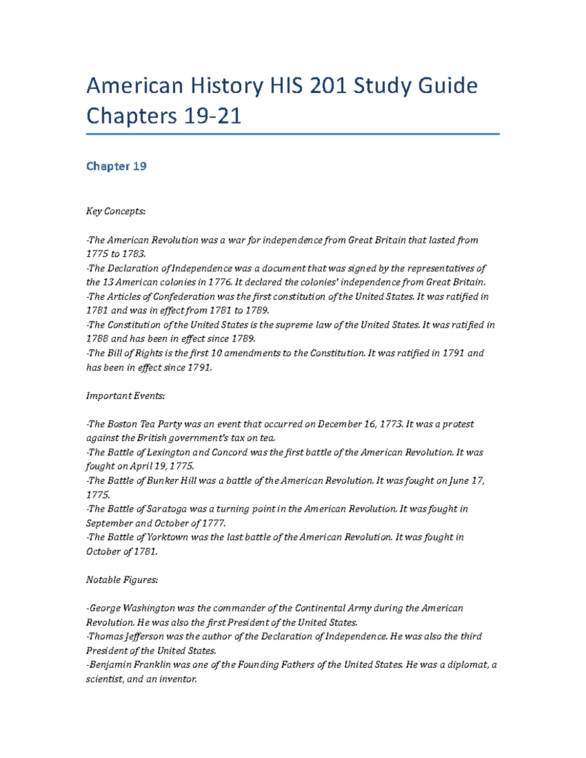 American History HIS 201 Study Guide Chapters 19-21 - American History ...