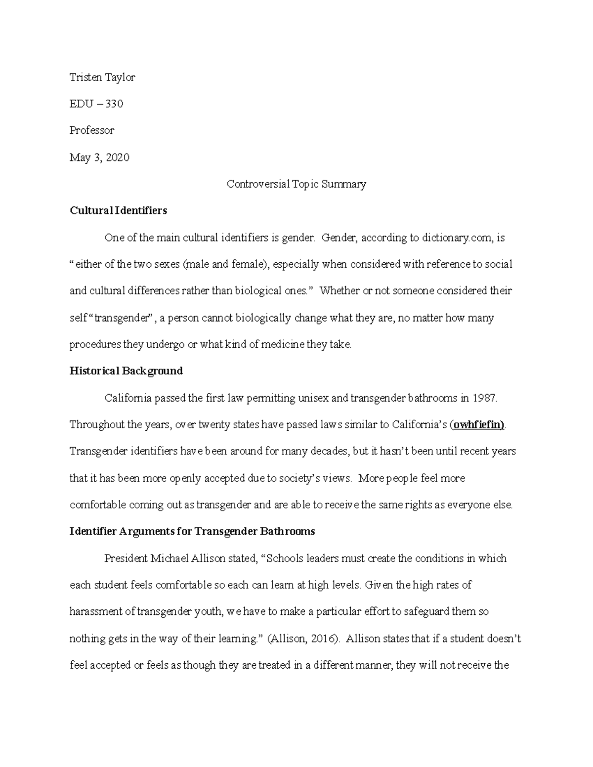 EDU - 330 Controversial Topic Summary Rough Draft - Tristen Taylor EDU ...