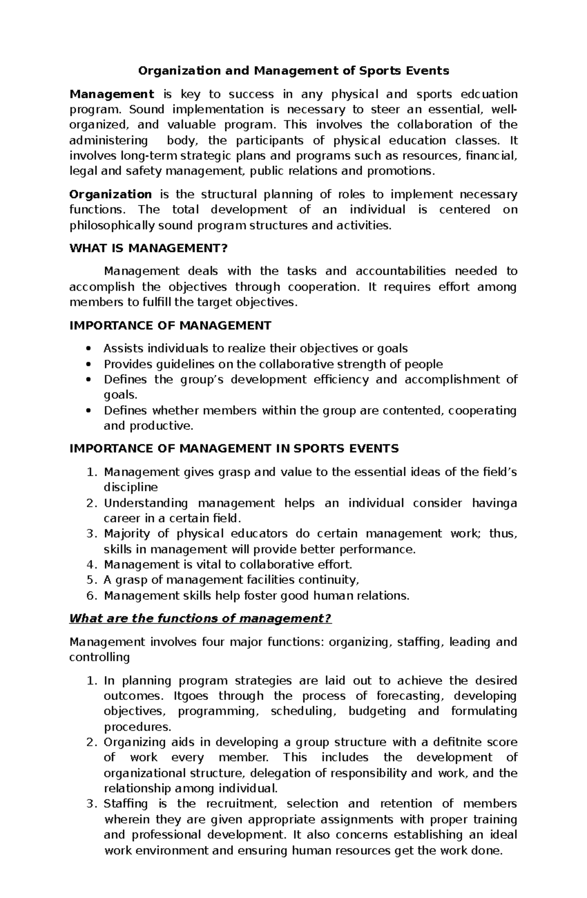 HAND OUTS FOR Organizing AND Managing Sports Event - Organization and ...