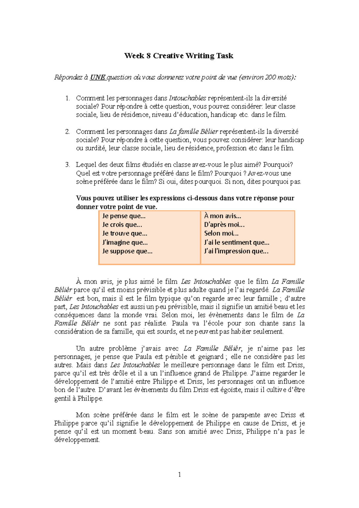 French 2021 Creative Writing Task - Week 8 Creative Writing Task ...