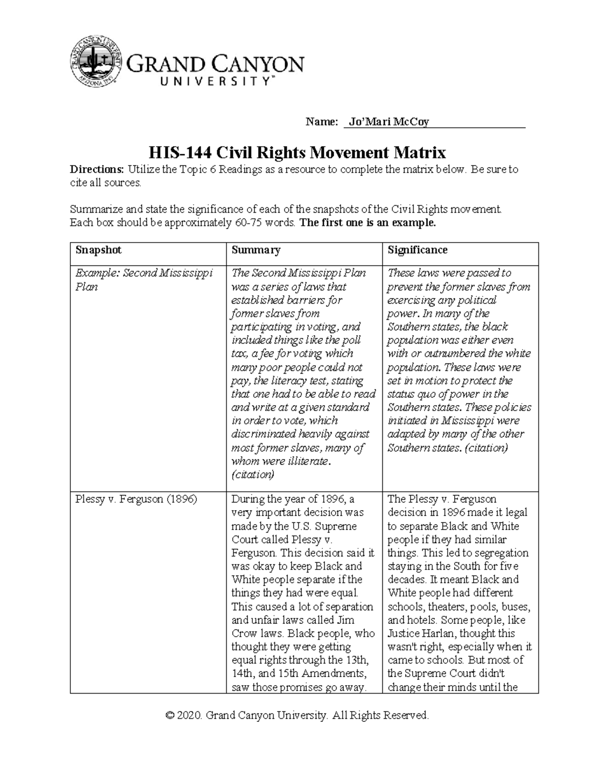 HIS-144-T6 Civil Rights Movement Matrix Online - Name: Jo’Mari McCoy ...
