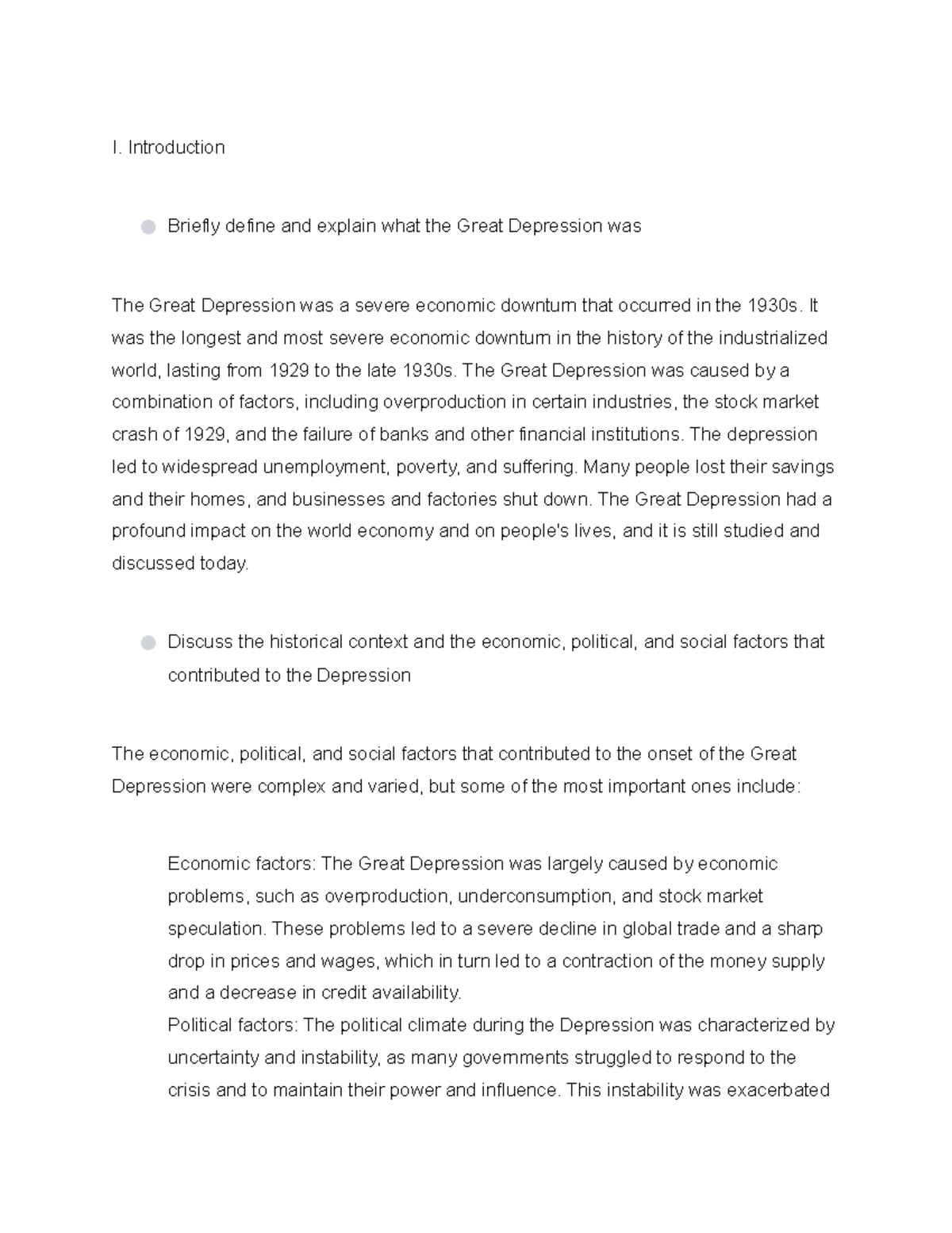 The Great Depression - Prof Ken Notes - I. Introduction Briefly define ...