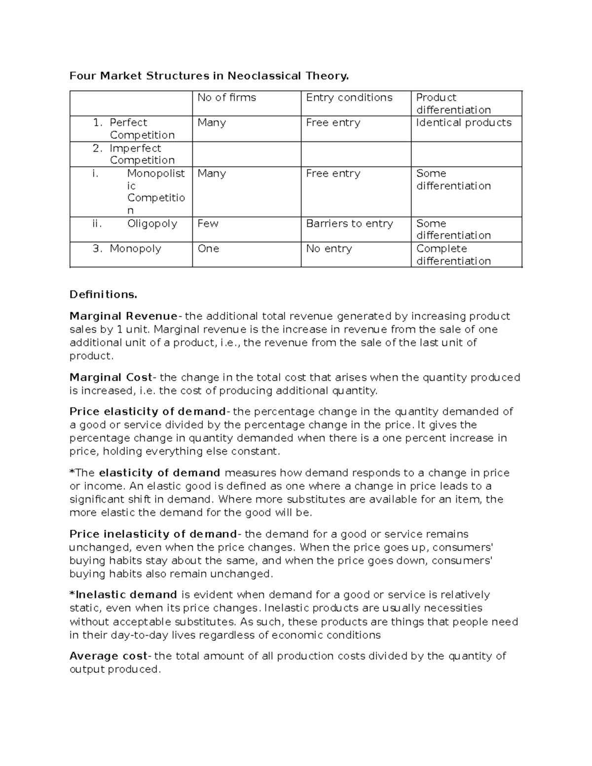 Four Market Structures in Neoclassical Theory - No of firms Entry ...