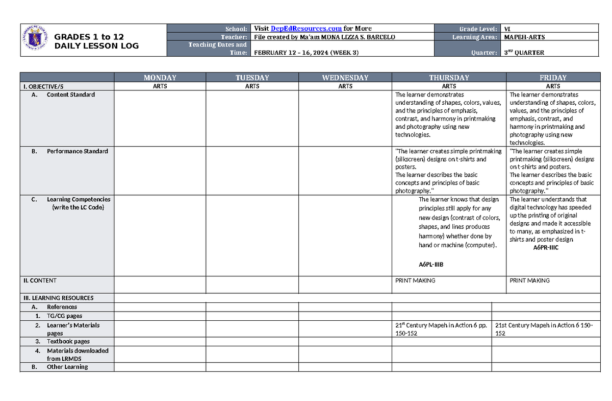 DLL Mapeh-ARTS 6 Q3 W3 - DETAILED LESSON PLAN - GRADES 1 to 12 DAILY LESSON LOG School: Visit ...