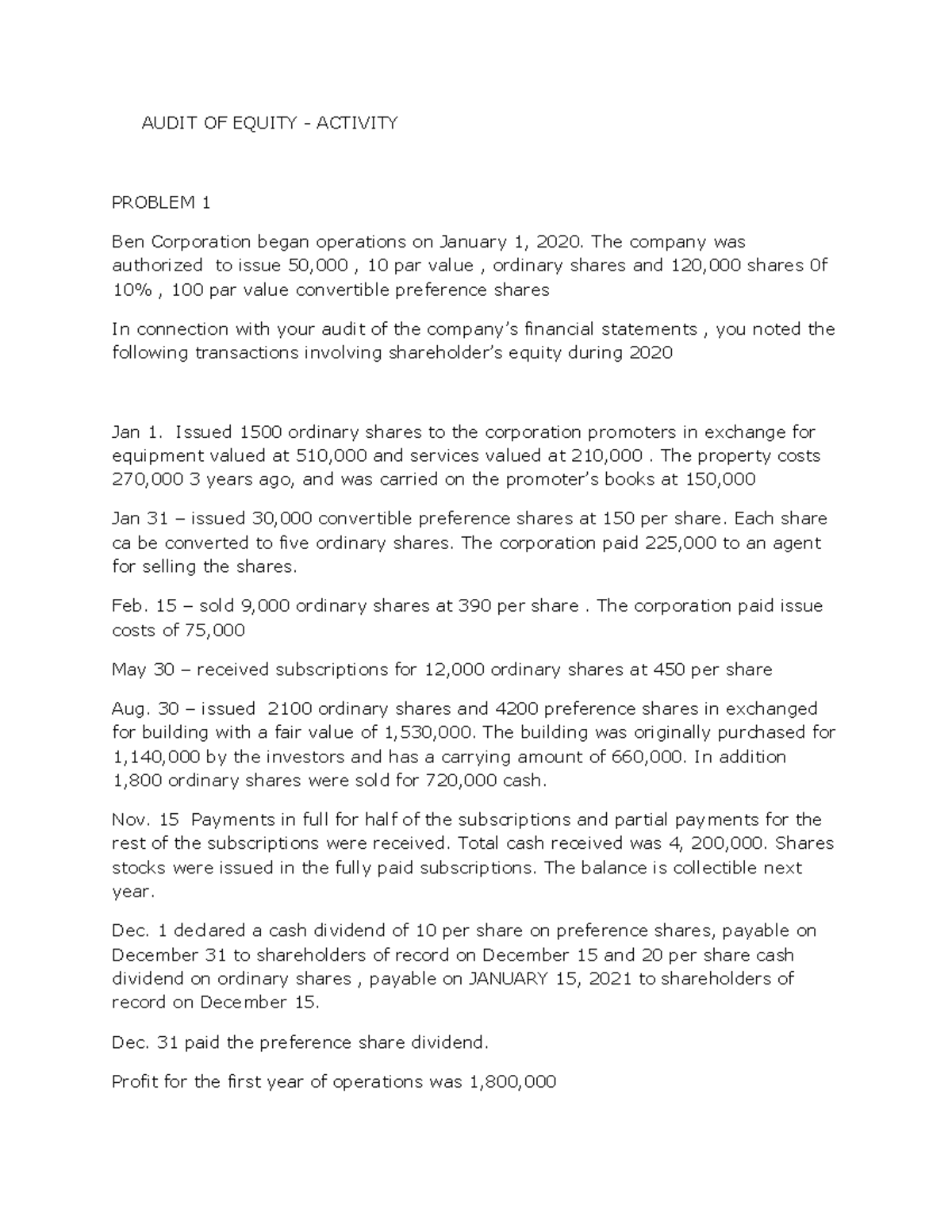 Audit OF Equity Activity - AUDIT OF EQUITY - ACTIVITY PROBLEM 1 Ben ...