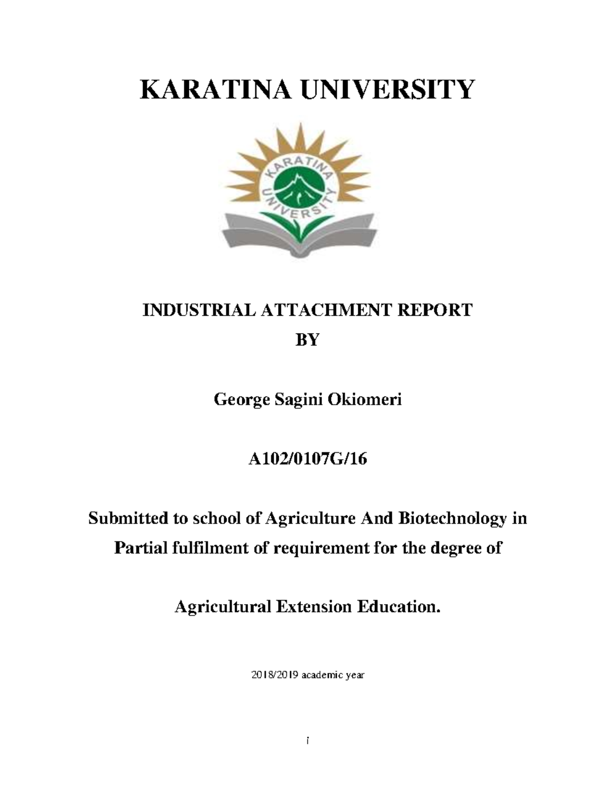 Industrial Attachment Report Submitted t - i KARATINA UNIVERSITY ...