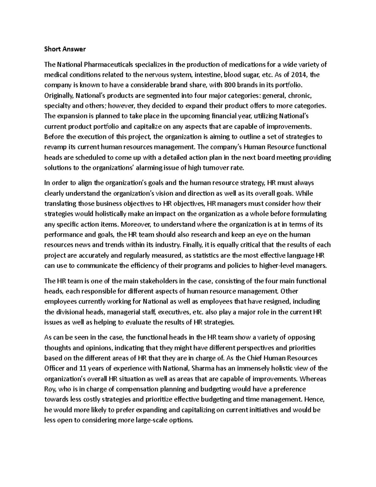 203 Case Study Sample - Short Answer The National Pharmaceuticals ...